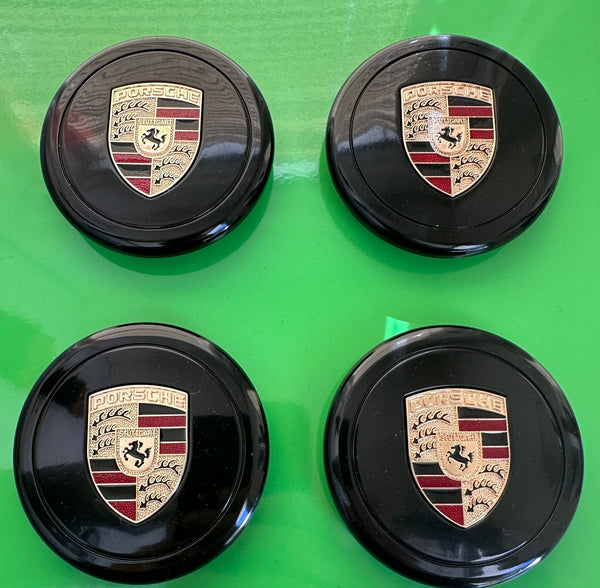 Gloss Black Porsche Inlaid Crest Center Caps Set - Aircooled Vintage Works