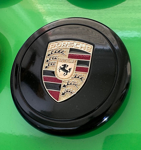 Gloss Black Porsche Inlaid Crest Center Caps Set - Aircooled Vintage Works