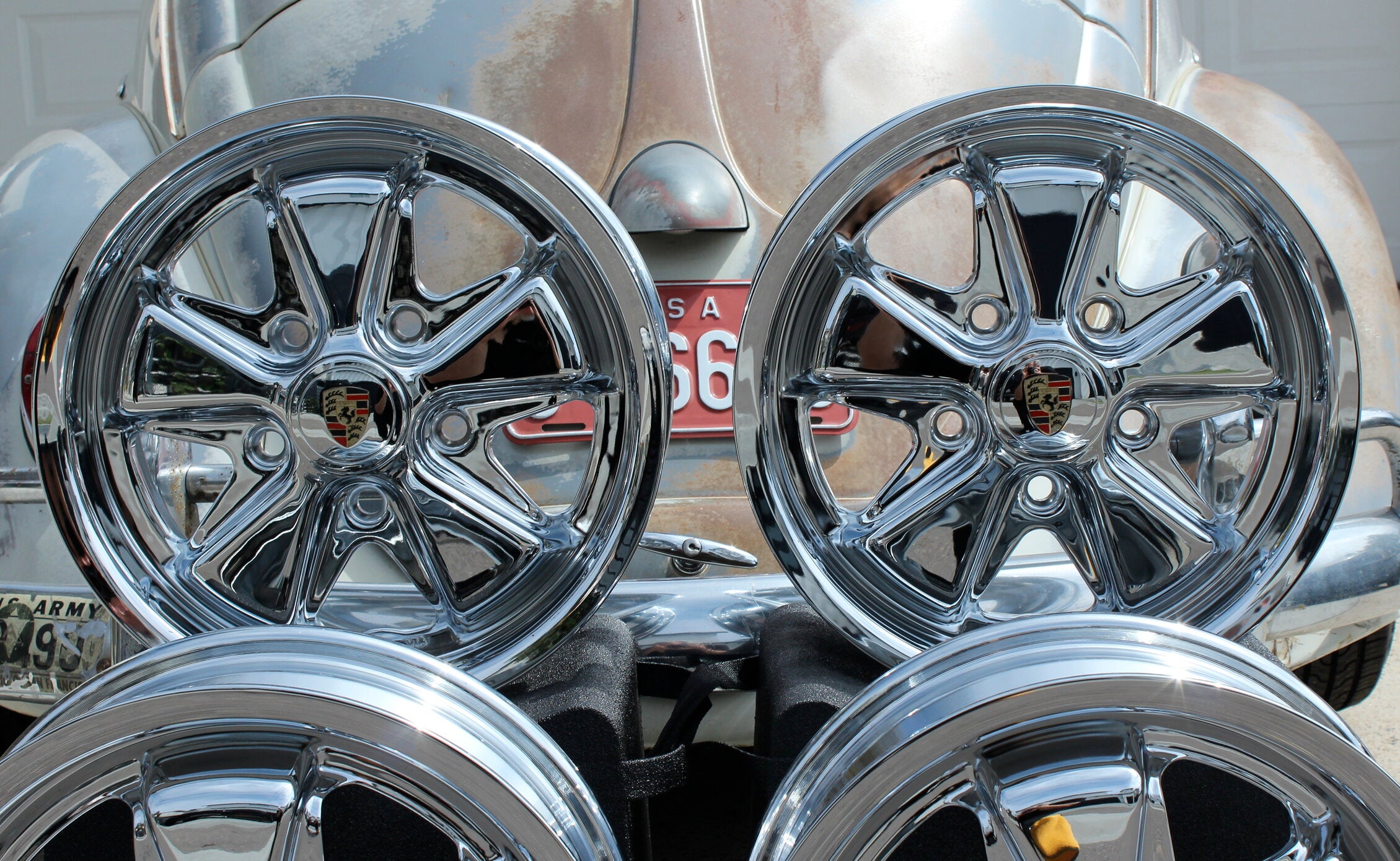 Chrome Staggered Fuchs VW Wheel Set - Aircooled Vintage Works